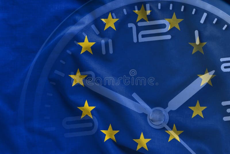 Overlay of the EU Flag and the Dial of a Clock Stock Photo - Image of ...