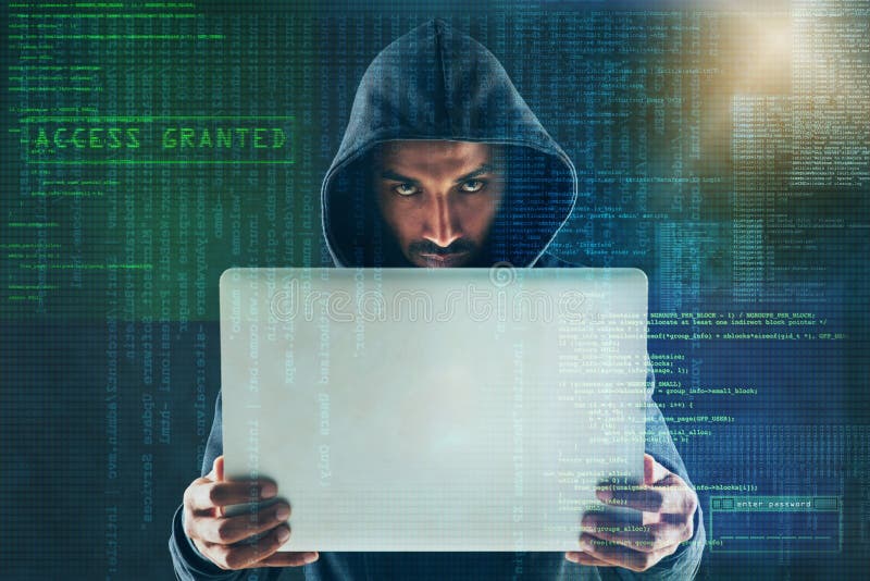 Overlay Programming And Portrait Of Hacker On Laptop For Coding Virus Malware And Information