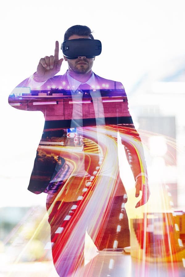 Overlay, Virtual Reality and Business Man with Headset for Traffic ...
