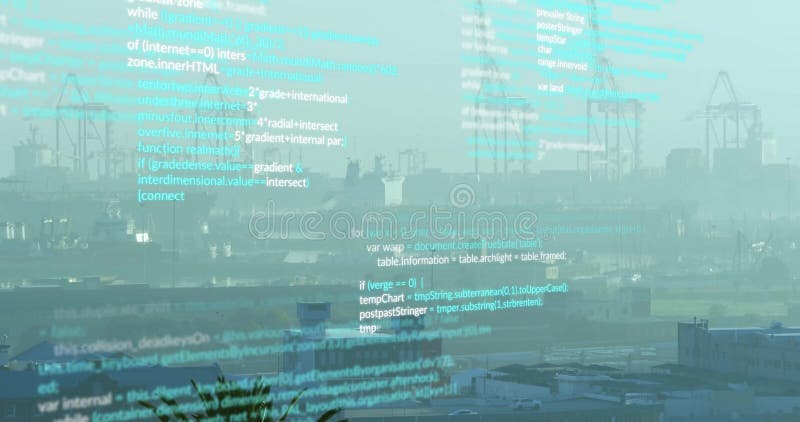 Overlaying Animation of Computer Code, Industrial Port Scene with ...