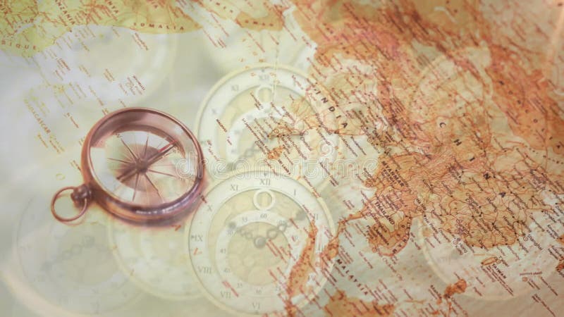 Overlaying Animation, Vintage Compass and Old Map with Clock Face ...