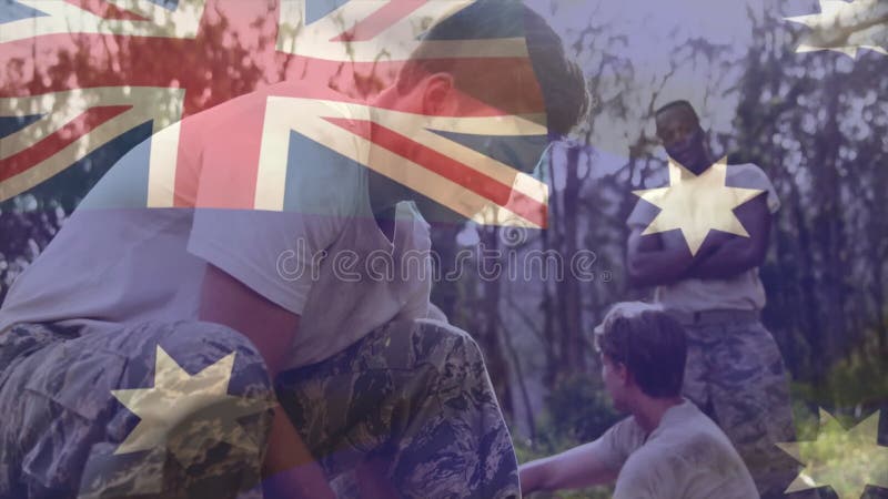 Overlaying Australian Flag, Diverse Group Working Outdoors in Nature ...