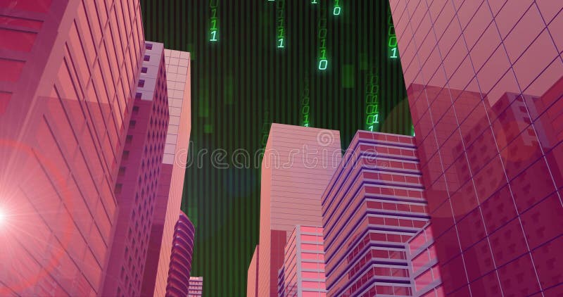 Overlaying Digital Binary Code on Modern Skyscrapers in Futuristic ...