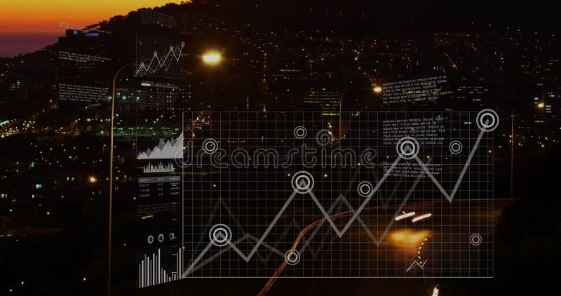 Overlaying Semi-transparent Dashboard Interface Over Nighttime City, with Glowing Data Charts ...