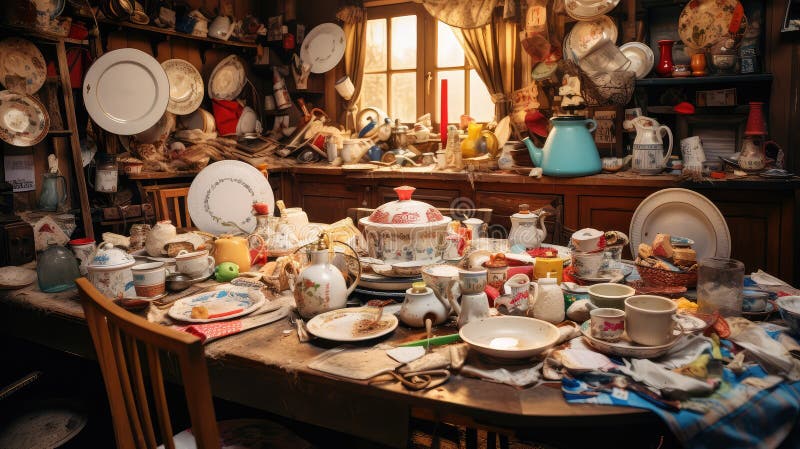 Overloaded cluttered table stock illustration. Illustration of ...