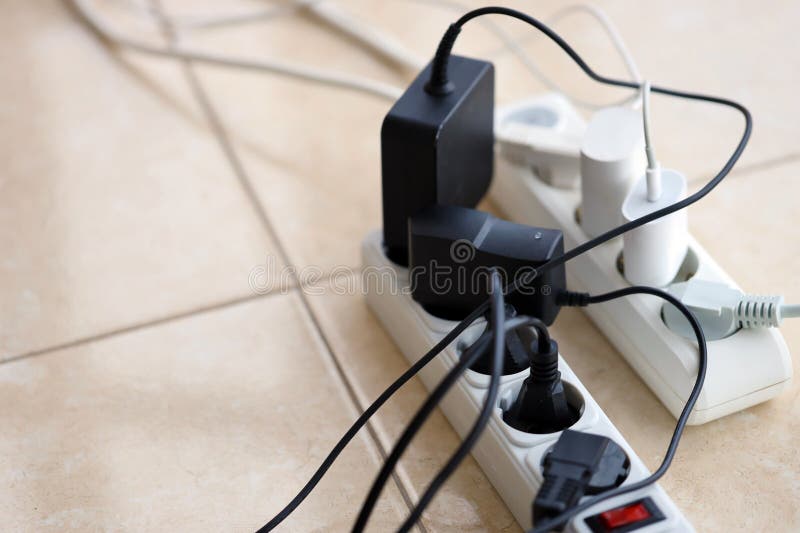 Overloaded Power Boards. Power Strips with Different Electrical Plugs ...