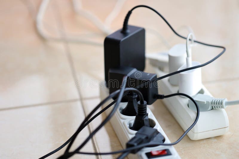 Overloaded Power Boards. Power Strips with Different Electrical Plugs ...