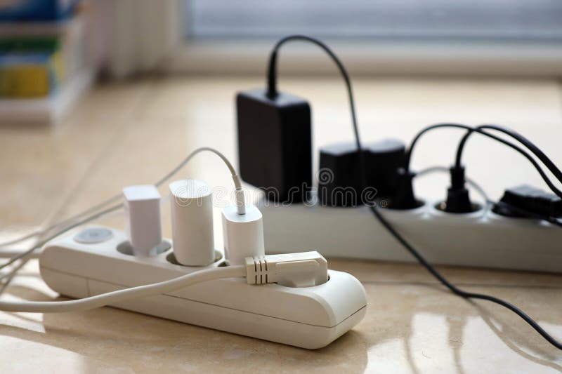 Overloaded Power Boards. Power Strips with Different Electrical Plugs ...