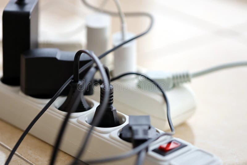 Overloaded Power Boards. Power Strips with Different Electrical Plugs ...