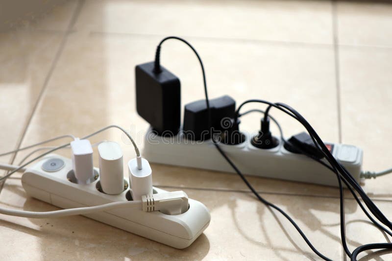 Overloaded Power Boards. Power Strips with Different Electrical Plugs ...