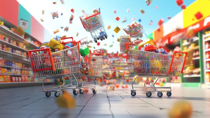 Overloaded Shopping Carts in a Supermarket Stock Illustration ...