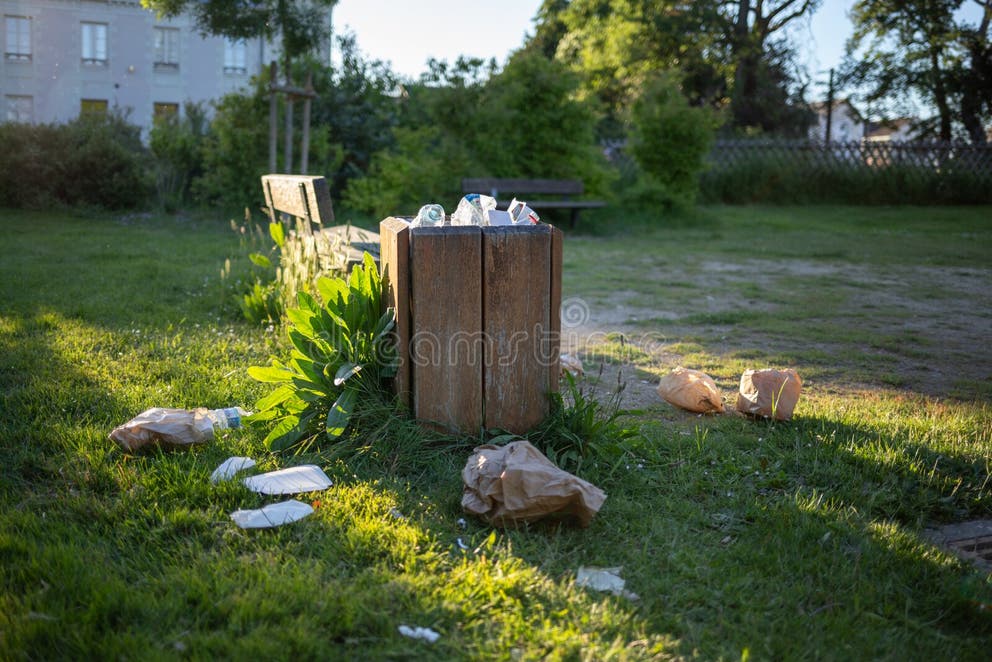 Overloaded Trash Bin with Plastic on Grass, Garbage Dump in Public Zone ...