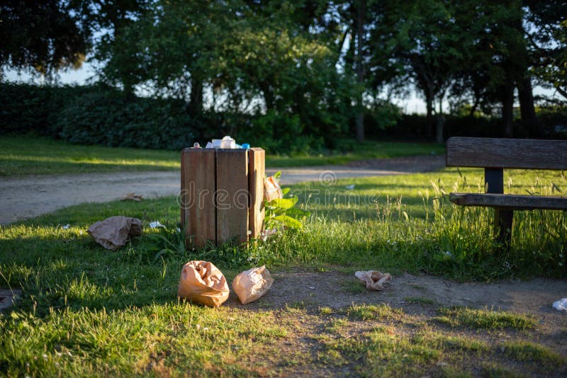 Overloaded Trash Container on Grass at Park, Garbage Dump in Public ...