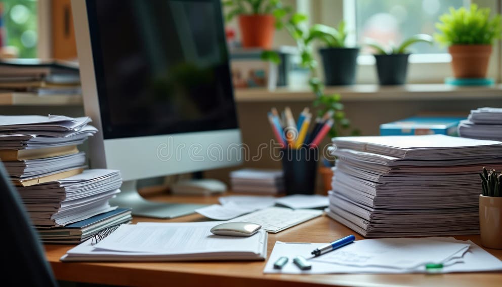 Overloaded Workspace Desk with Computer, Papers. Stacks of Documents ...