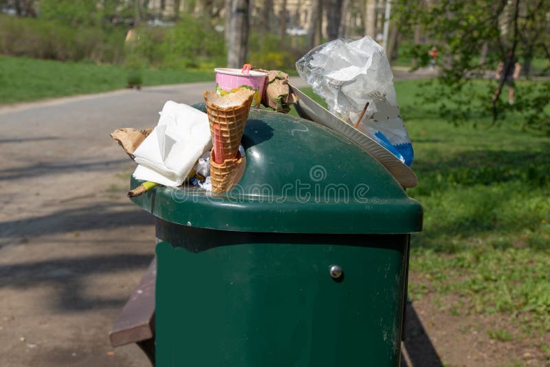 Overloading Garbage Containers in a Park Stock Image - Image of house ...