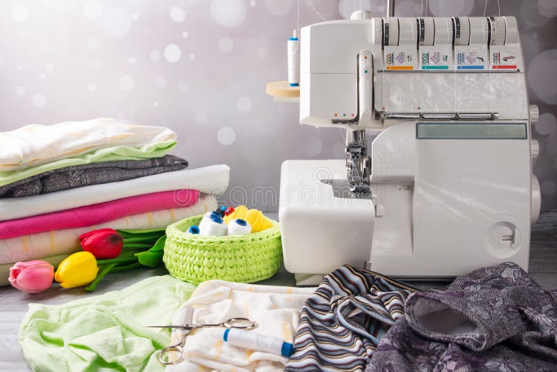 Overlock Sewing Machine and Fabric Stack. Stock Photo - Image of ...