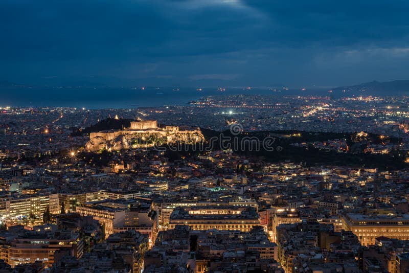 Overlook the Night View of Acropolis in Athens, Greece Stock Image ...