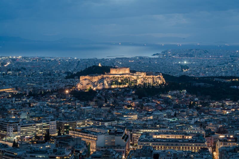 Overlook the Night View of Acropolis in Athens, Greece Stock Photo ...