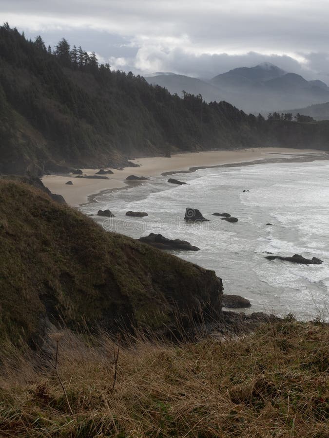 Overlook of the Oregon Coast with Sandy Beach and Distant Mountains ...