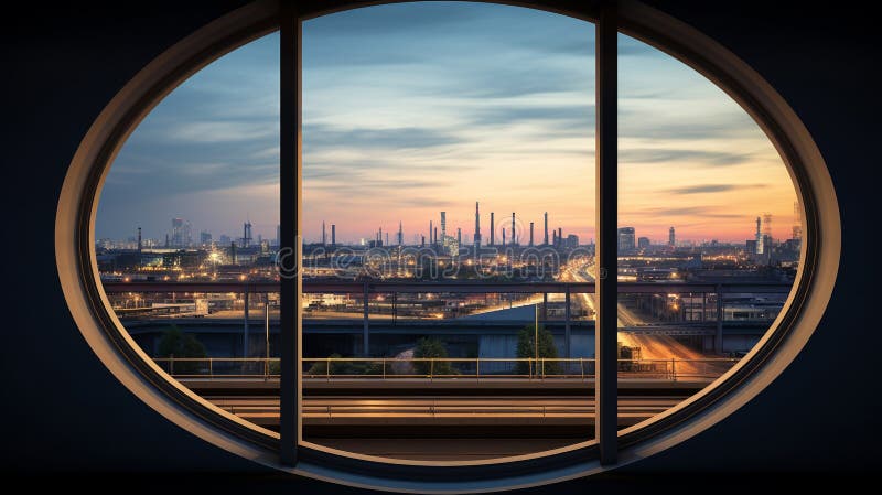 Overlooking a Bustling Manufacturing Plant through a Circular Window ...