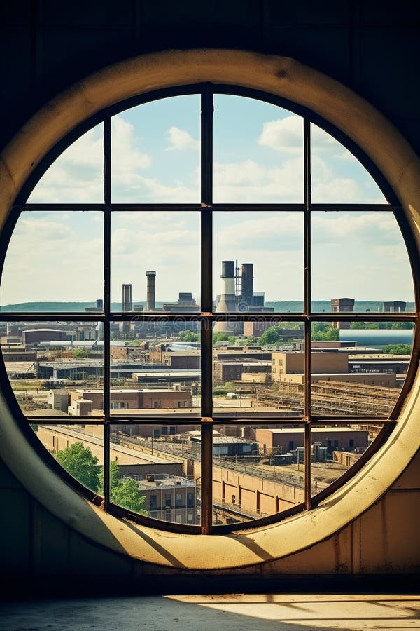 Overlooking a Bustling Manufacturing Plant through a Circular Window ...