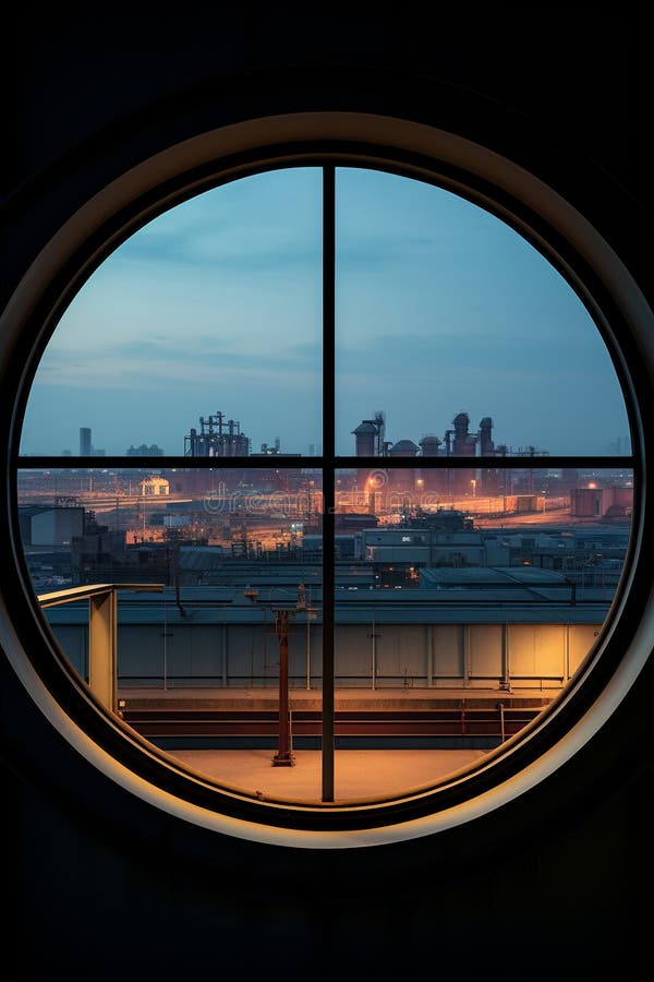 Overlooking a Bustling Manufacturing Plant through a Circular Window ...