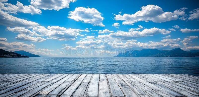 Overlooking the Clear Blue Ocean, a Wooden Deck Sits Beneath a Cloudy ...