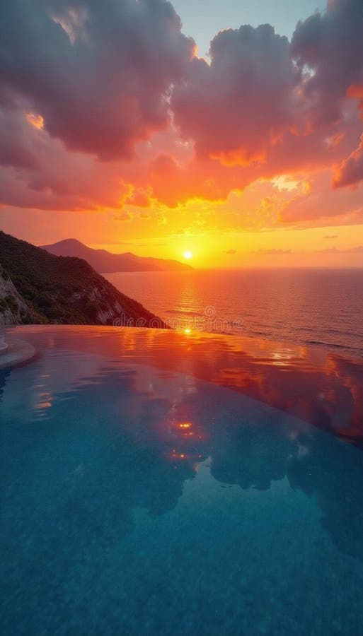 Overlooking Endless Horizon, Infinity Pool Reflects Fiery Sunset Glow ...