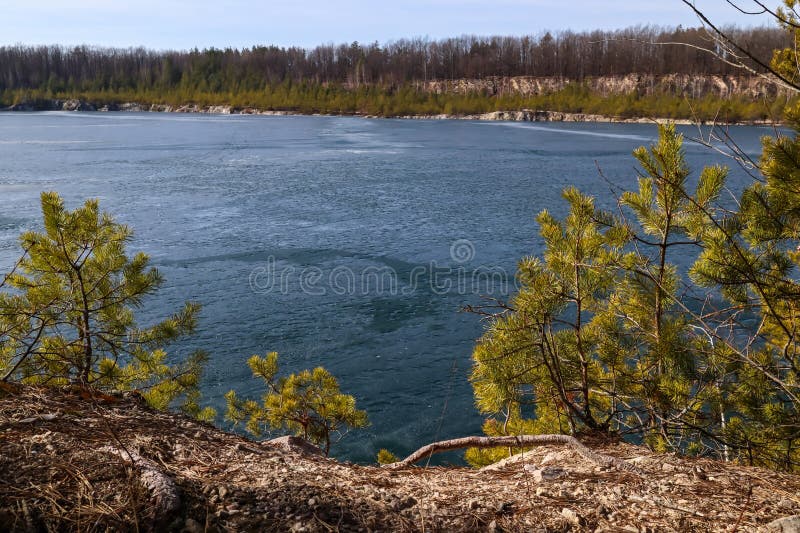 Unique Landscape at the Quarry. Beautiful Green Pine Trees Adorn the ...
