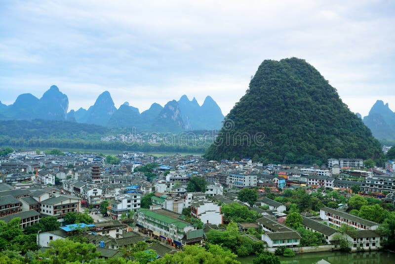 Overlooking the Yangshuo County Town Stock Photo - Image of karst ...