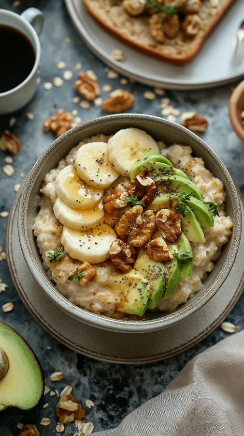 Overnight Vegan Oatmeal with Banana and Avocado Stock Image - Image of ...