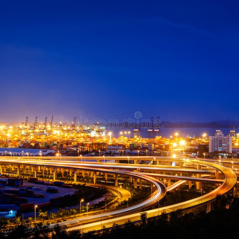 Overpass Bridge and Pier in Night Stock Image - Image of crane, freeway ...