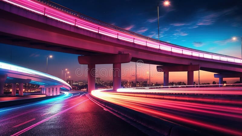 Overpass and Light Trails at Night on the Illuminated Highway ...
