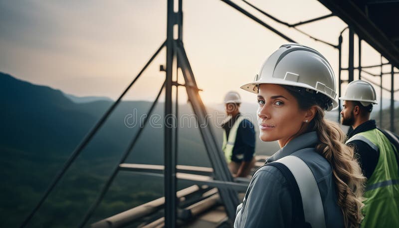Overseeing Construction Progress at Dusk. Woman Engineer Supervisor ...