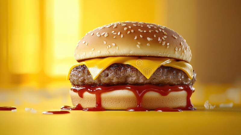 Massive Cheeseburger Ketchup Mustard Bright Yellow Background Dramatic ...