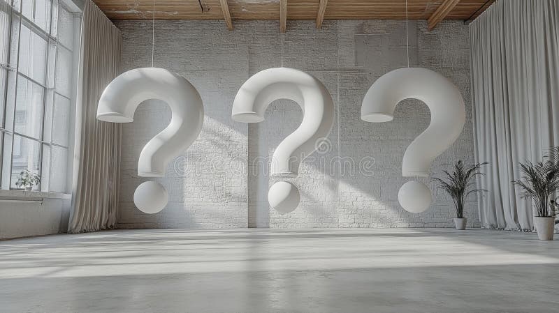 Oversized Floating White Question Marks in a Spacious Room Stock ...