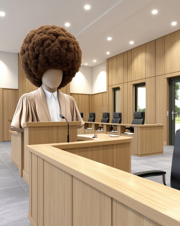 Oversized Judge Figure with Large Wig in Modern Courtroom Setting Stock ...
