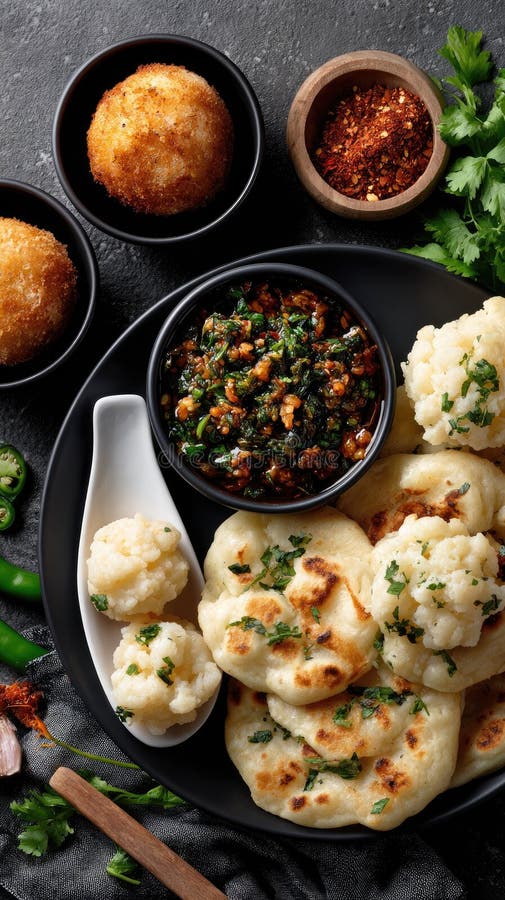 Oversized Stuffed Indian Parathas with Fresh Tomatoes and Dips on a ...