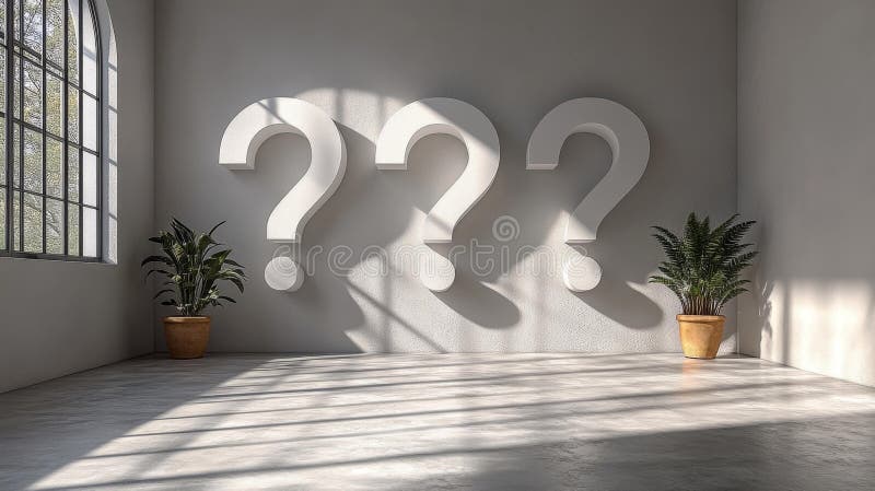 Oversized White Question Marks in a Bright Abstract Room Stock ...