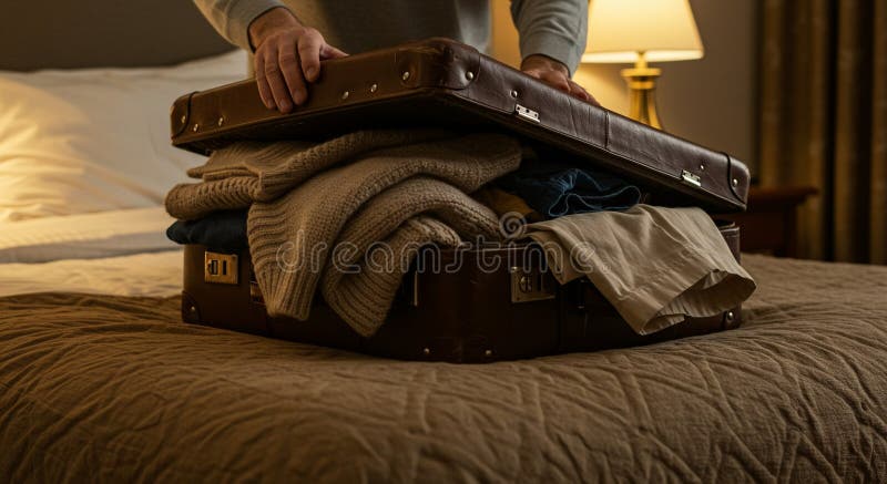 Overstuffed Suitcase on a Bed with Hands Trying To Close it Filled with ...