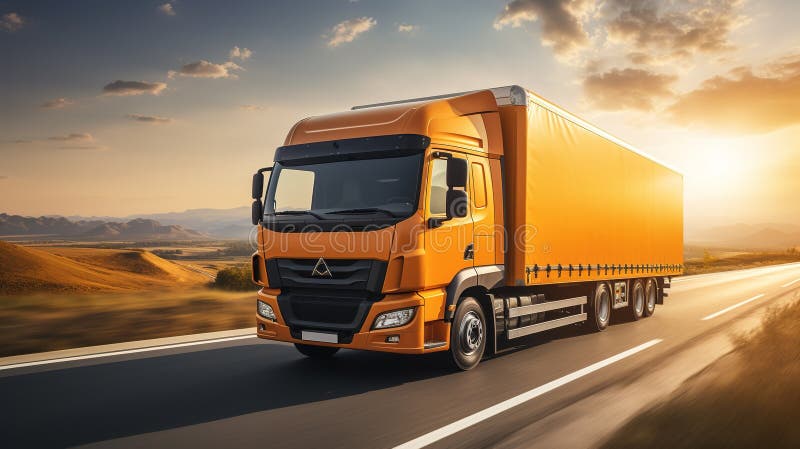 Overtaking Trucks on an Asphalt Road in a Rural Landscape at Sunset ...