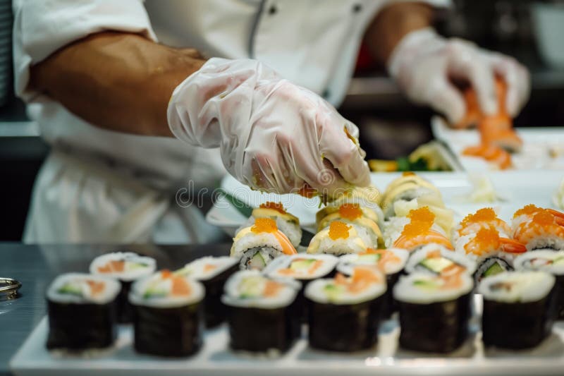 Overtheshoulder View of Chef Plating Sushi for Serving Stock ...
