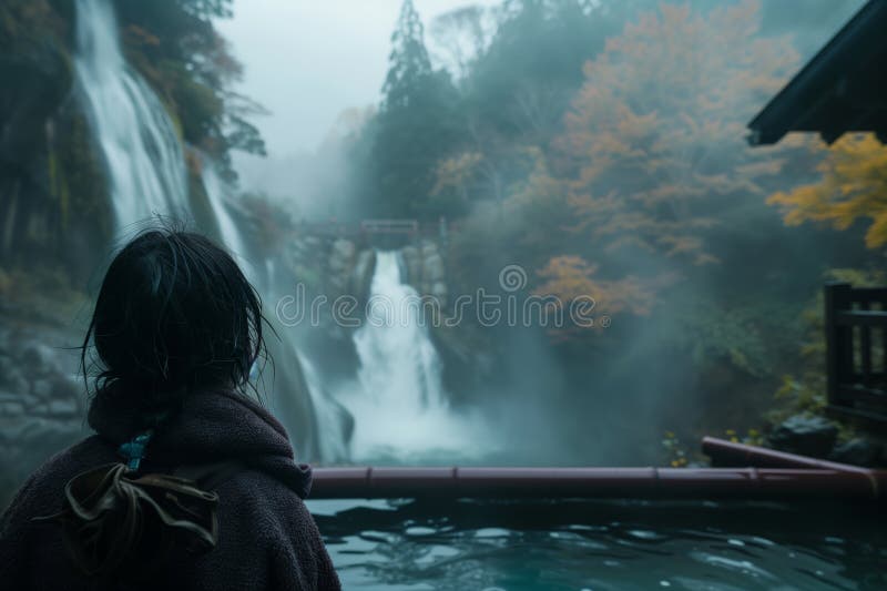 Overtheshoulder View of Person Looking at Waterfall from Onsen Stock ...