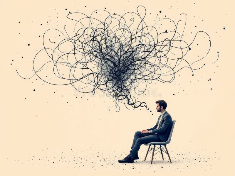 Overthinking: a Man Sits with a Mind Filled with Tangled Thoughts ...