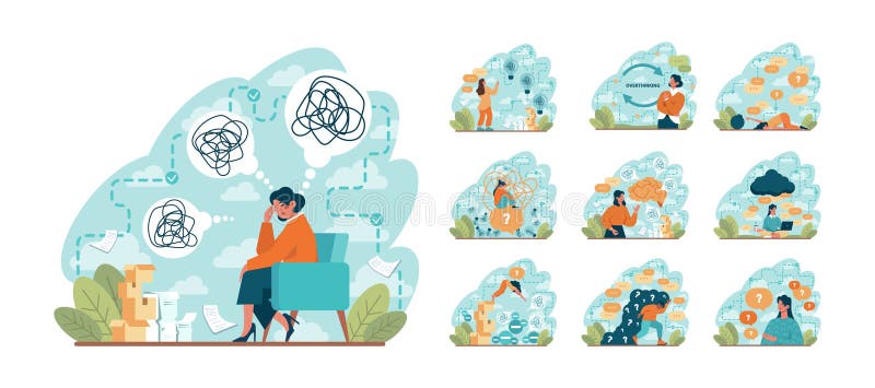 Overthinking Set. Anxiety and Stress Caused by Thinking Too Much Stock ...