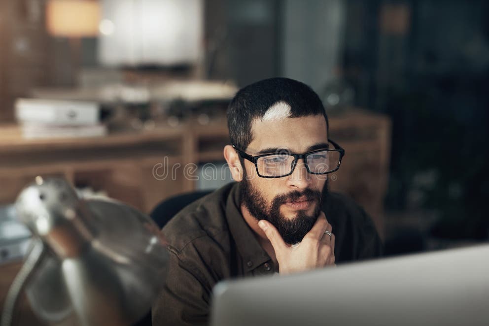 Overtime, Man or Graphic Designer Reading on Computer in Startup for ...