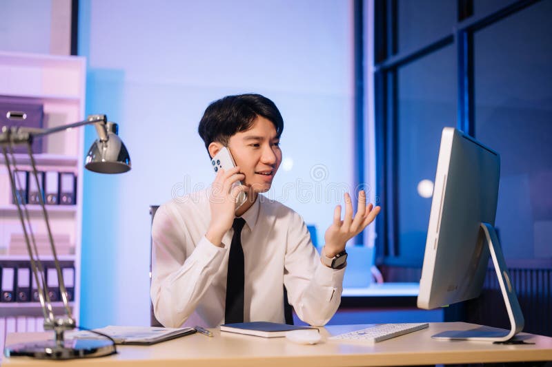 Overtime Work Concept, Handsome Asian Business Man Working Overtime ...