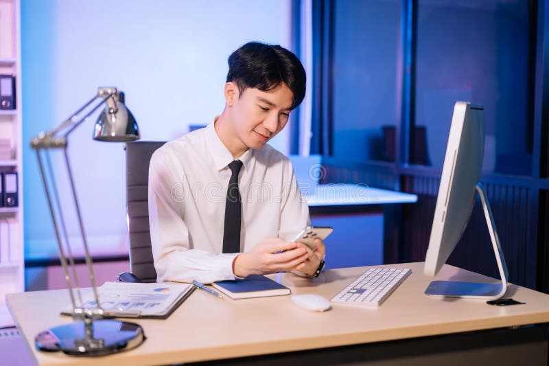 Overtime Work Concept, Handsome Asian Business Man Working Overtime ...