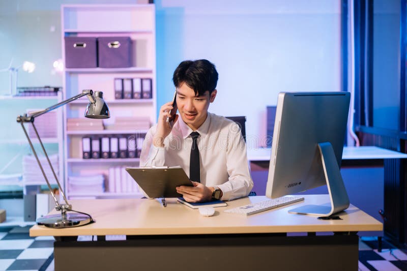 Overtime Work Concept, Handsome Asian Business Man Working Overtime ...