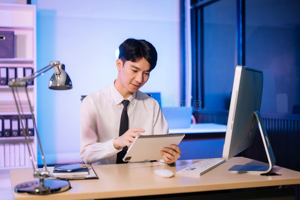 Overtime Work Concept, Handsome Asian Business Man Working Overtime ...